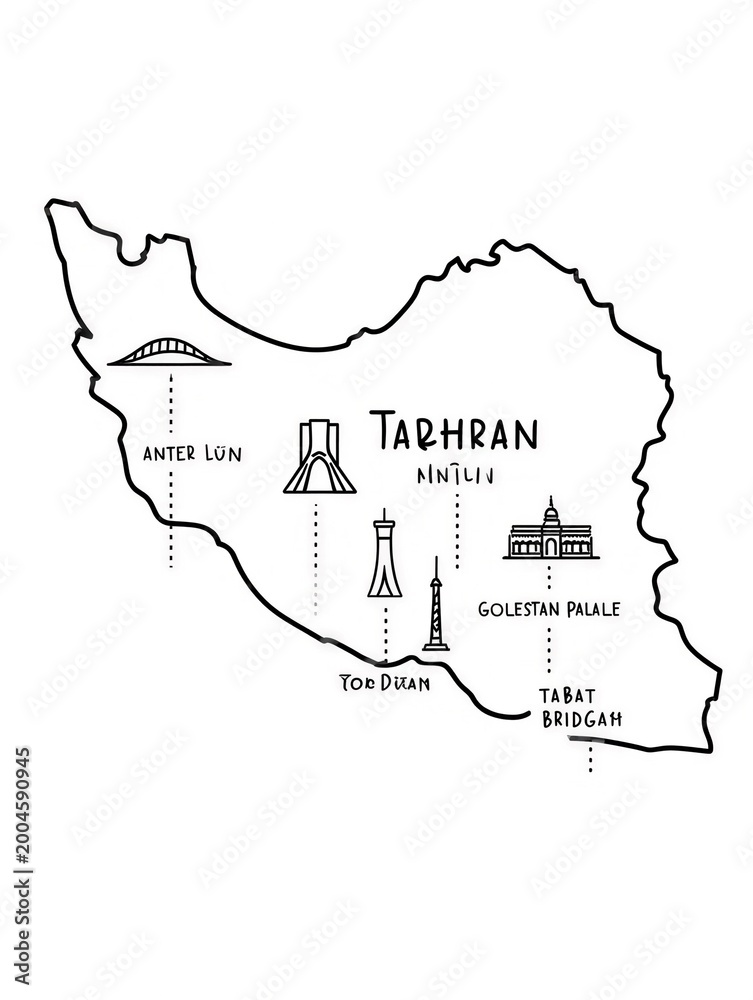 Stock-Foto „Minimalist Map of Iran with Tehran City Center and Famous ...
