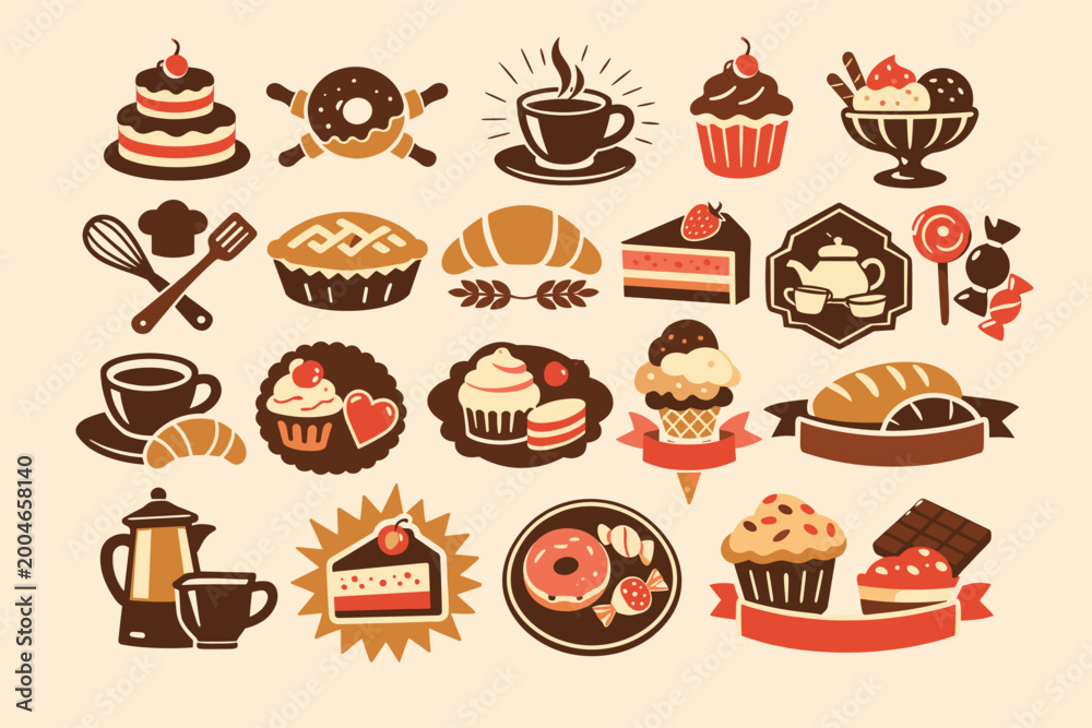 Retro Pastry Shop and Bakery Icons Set: Vintage Vector Illustrations of ...