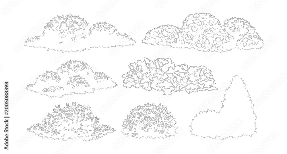 Minimalist bush line art collection, set of 7 garden shrub vector ...