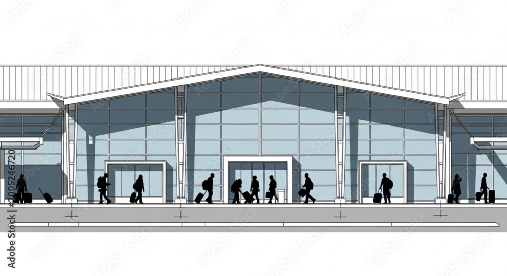 Airport Terminal Entrance Elevation CAD Drawing with Glass Curtain Wall ...