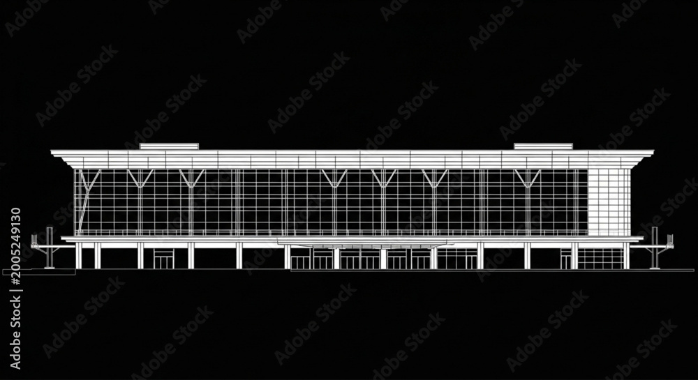 Large-Span Transit Terminal Elevation CAD Blueprint with Structural ...