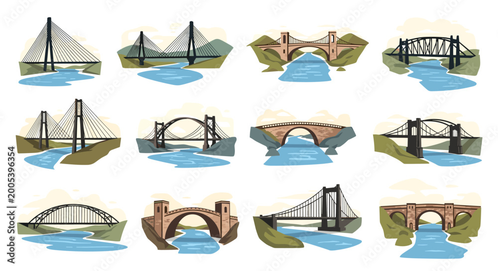 Diverse collection of bridge designs including suspension, arch, and ...