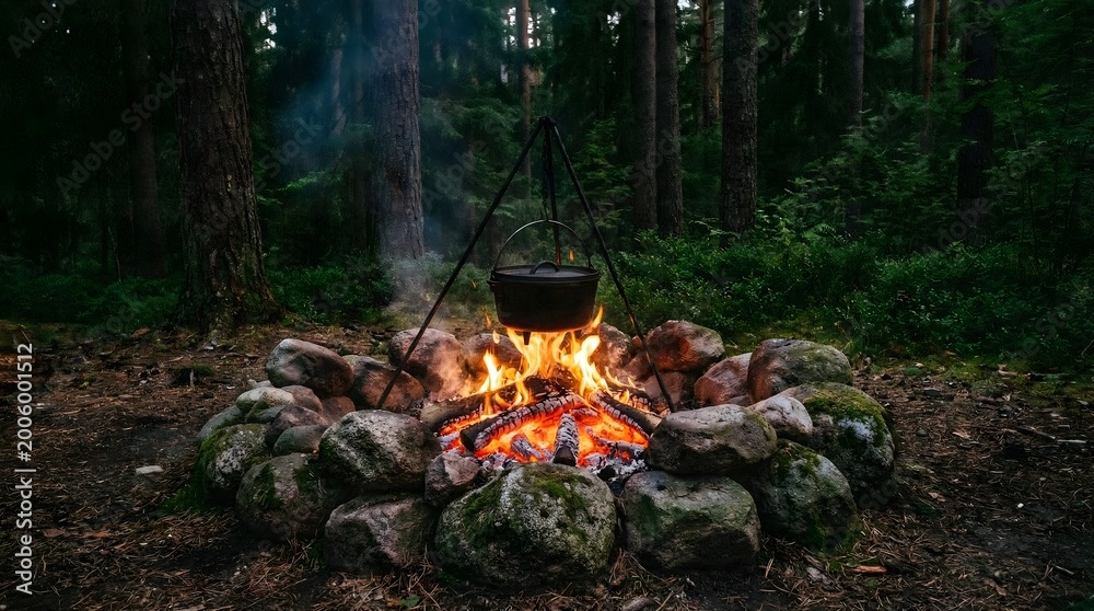 Rustic campfire cooking in forest, black cast iron pot hanging over ...