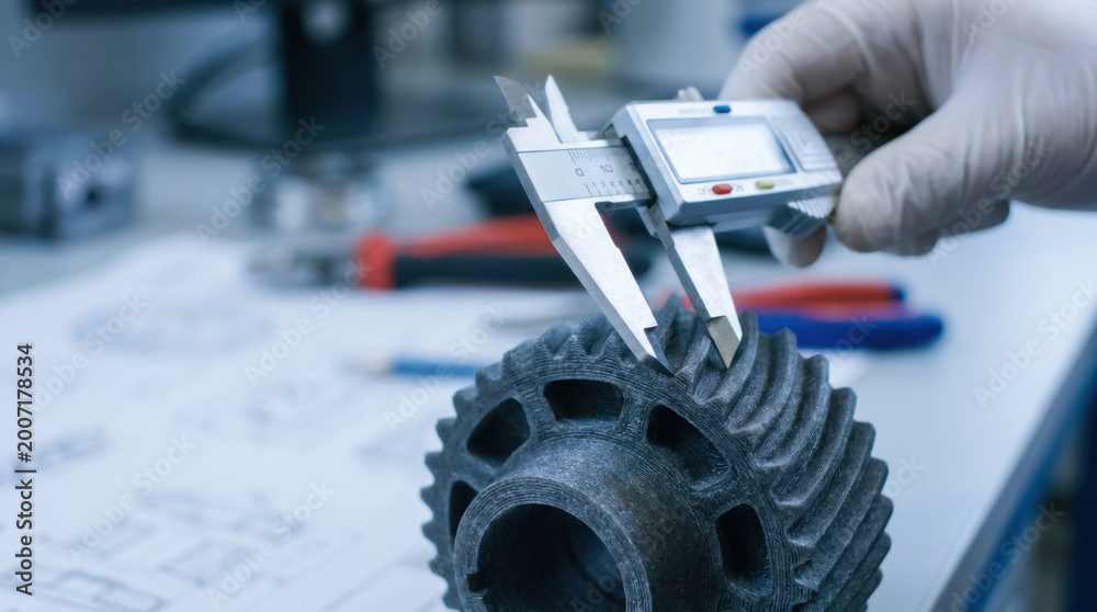 R&D Engineer, Digital caliper measuring 3D printed gear part with ...