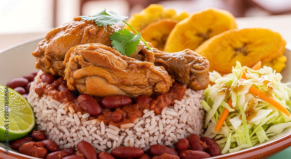 Roasted chicken sits atop a mound of rice and red beans with golden ...