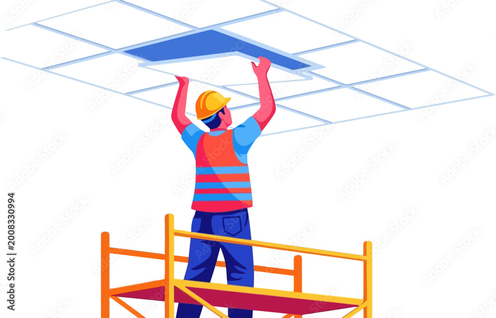 Installer fitting a suspended ceiling tile from a yellow scaffolding ...