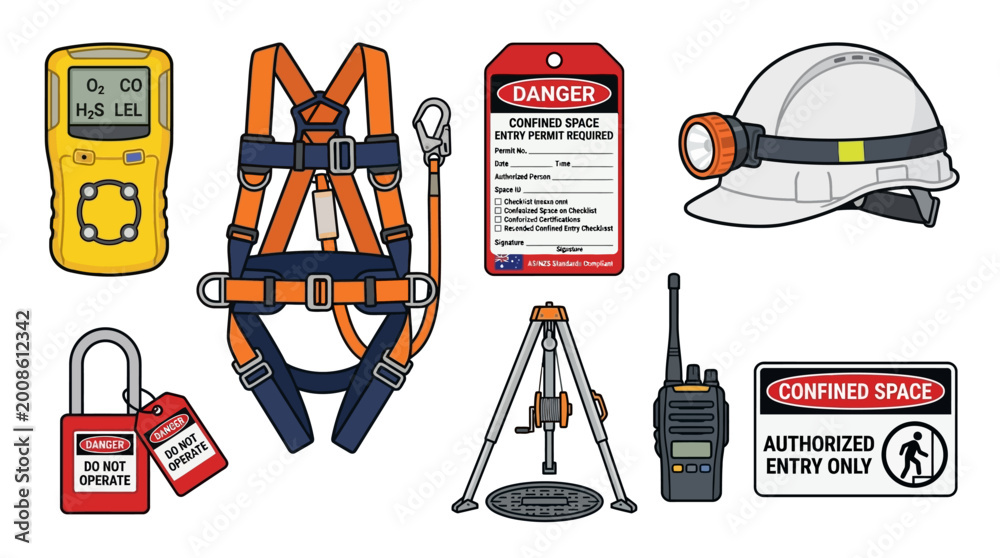 Essential safety gear collection including hard hats, gas detectors ...