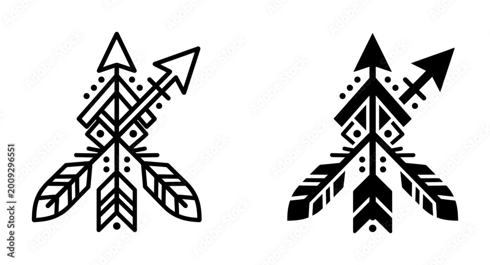 2 Tribal Arrow icons crossed feathers ethnic bow, outline solid styles ...