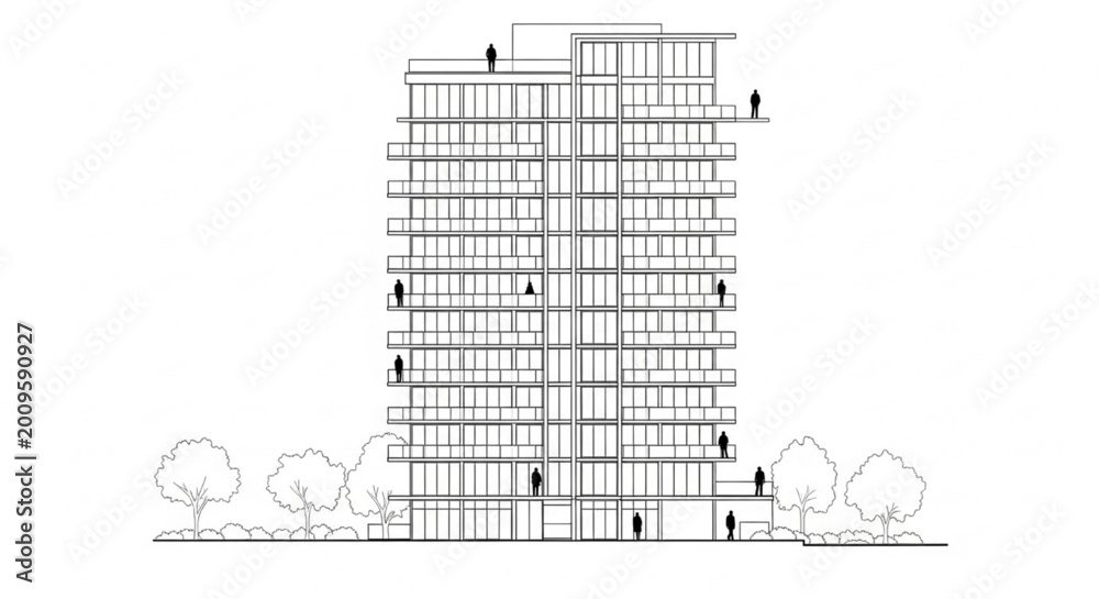 High Rise Residential Tower Elevation CAD Drawing with Repetitive ...