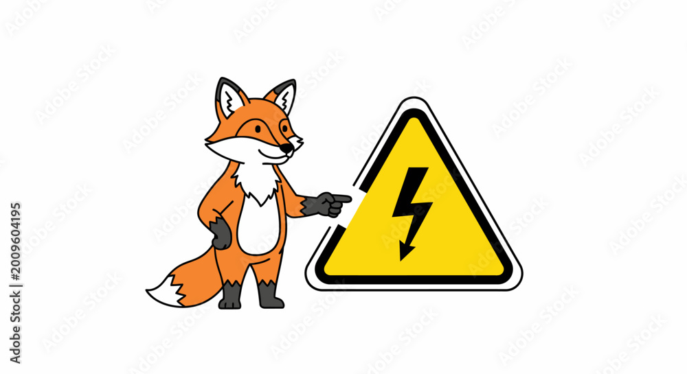Cartoon Fox in Hard Hat Warning of Electrical Hazard and High Voltage の ...