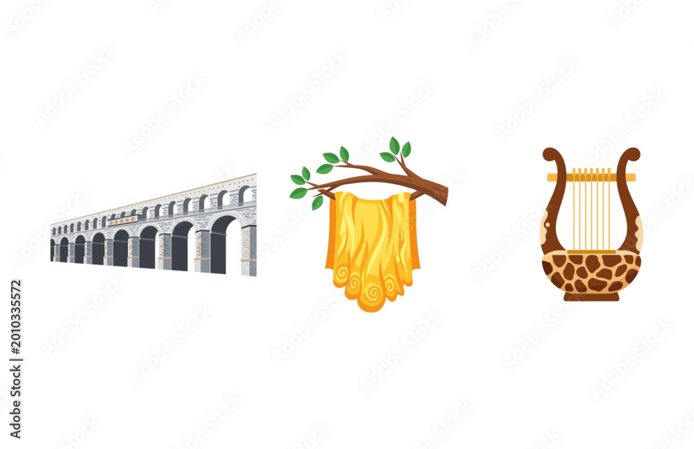 Illustrative vector art set ancient aqueduct, golden draped fabric, and ...