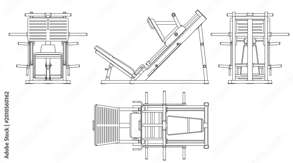 Leg press machine technical drawing blueprint with front side back and ...
