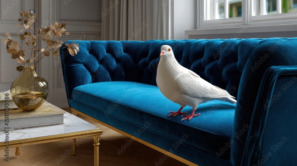 White Dove on Luxurious Blue Velvet Sofa in Modern Interior with ...