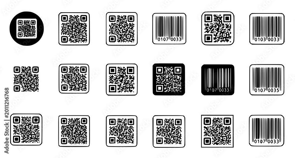 Qr codes and barcodes collection with qr code, black and white の Stock ...