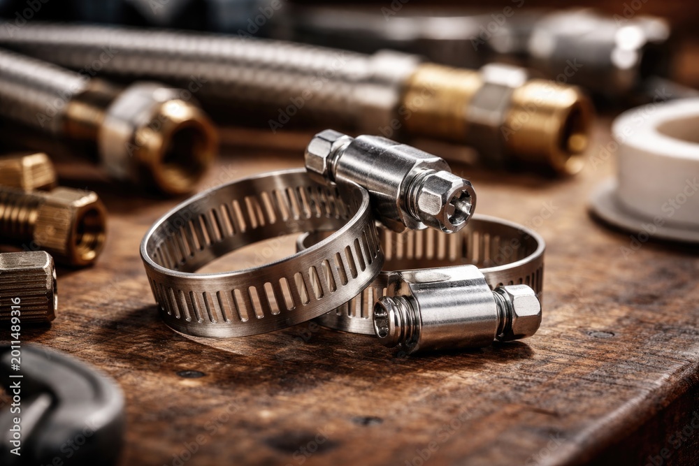 Sharp focus on metal plumbing hose clamps with gentle defocused ...