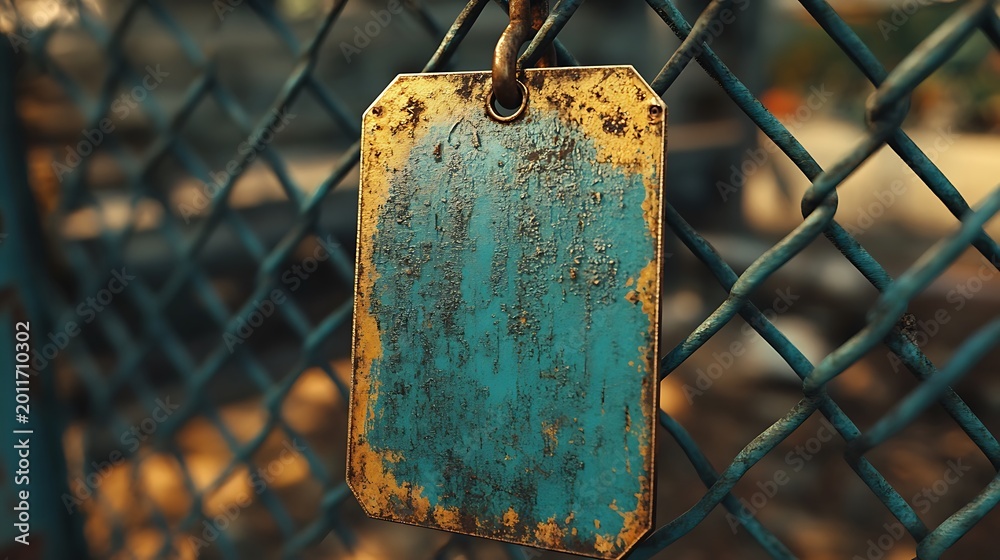 Weathered Blue Metal Tag Hanging on an Industrial Chain Link Fence. の ...