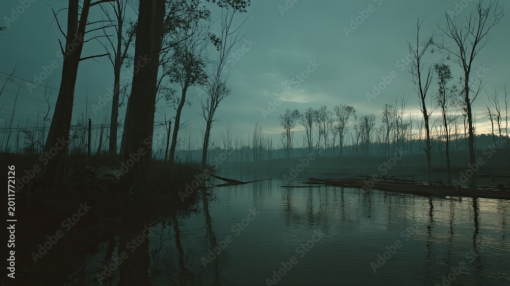 Calming natural scenery of a water logged forest at dusk, featuring ...