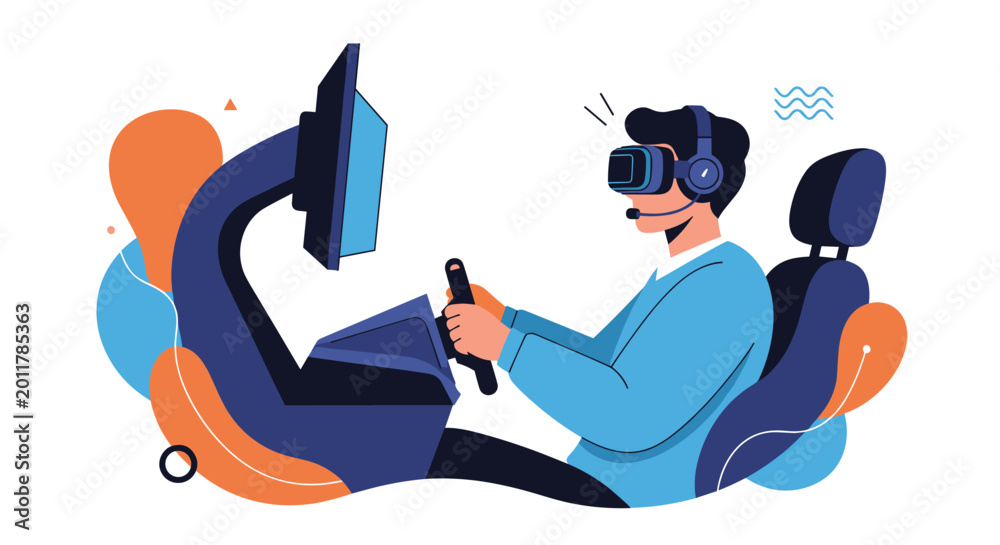 Gamer experiences realistic virtual reality while using a headset and ...