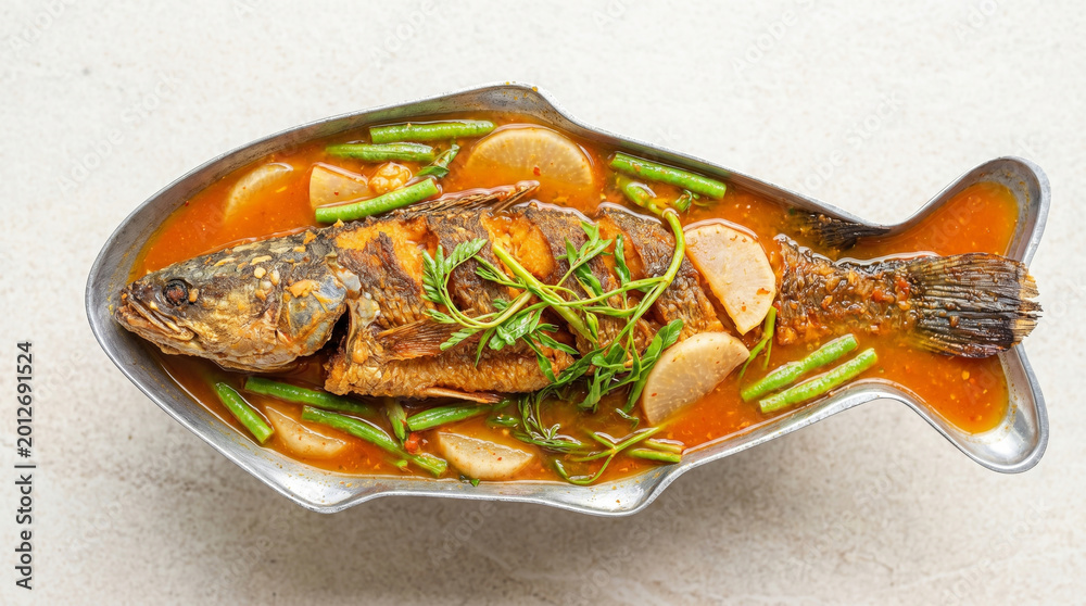 Whole Fried Fish in Thai Sour Curry Kaeng Som Served in Fish-Shaped ...