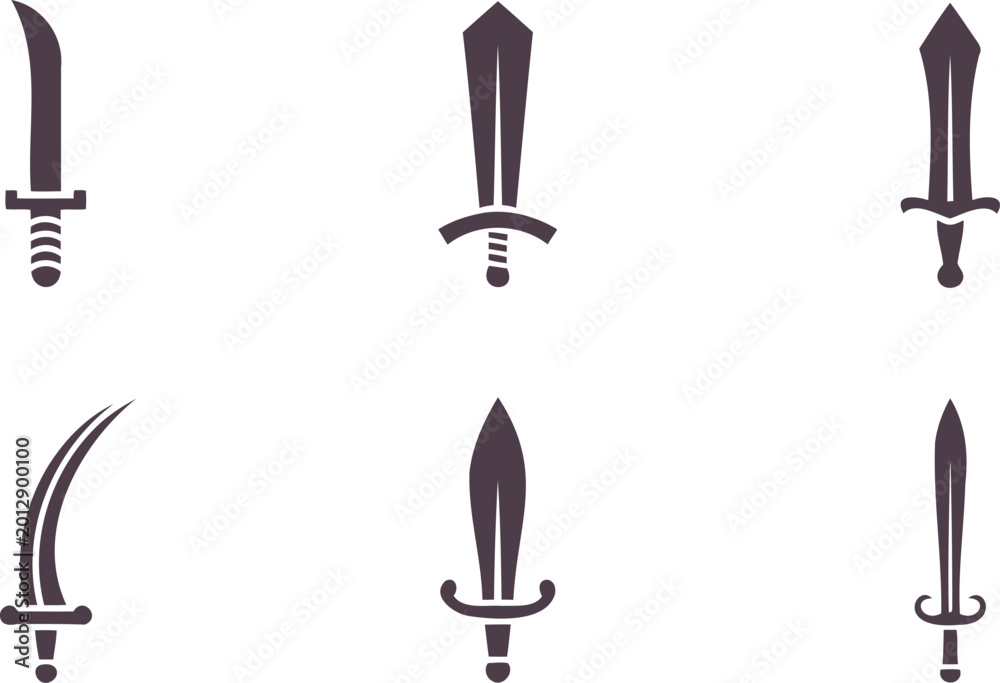 Collection of various sword silhouettes on a plain white background for ...