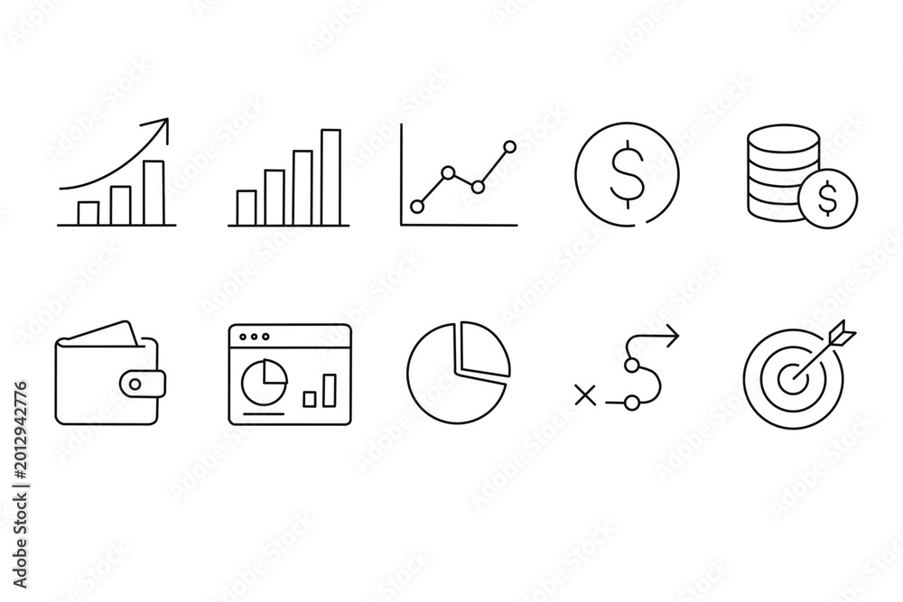 Modern business analytics line icons set including charts, financial ...