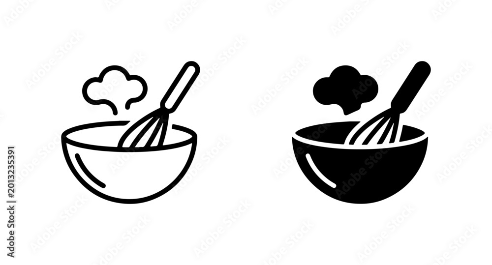 Cooking Icons Set: Whisking in Bowl, Steam Cloud, Outline and Solid ...