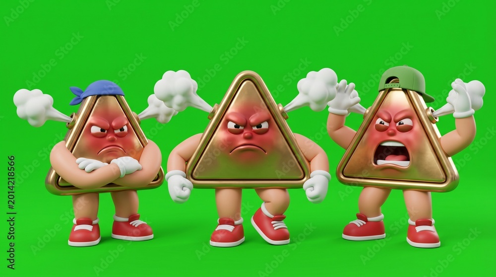 Three Angry Triangle Characters with Expressions and Accessories on ...