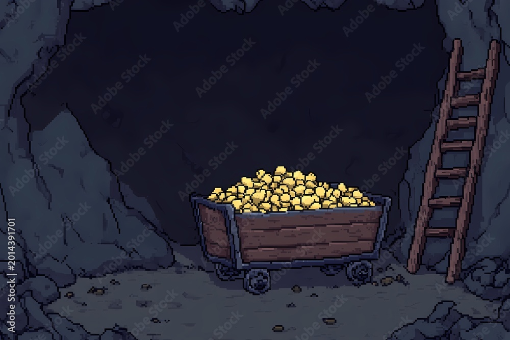 Mine cart filled with gold nuggets in a dark cave of a pixel art game ...