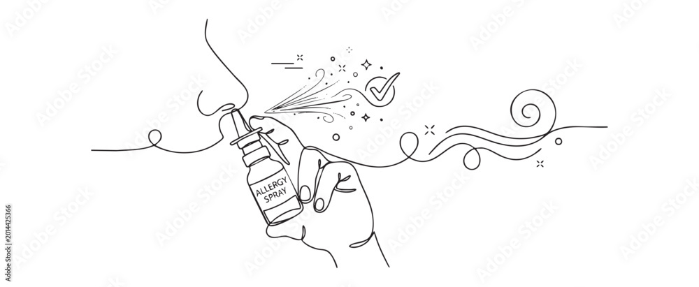 Continuous line art vector of a person using an allergy nasal spray for ...