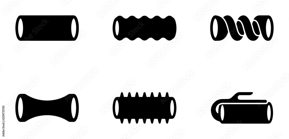 Six Black Pasta Shapes, Vector Icons: Penne, Fusilli, Rigatoni ...