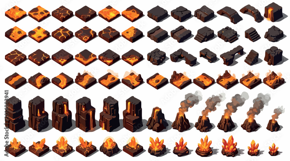 Isometric lava game assets, volcanic terrain tiles and magma ...