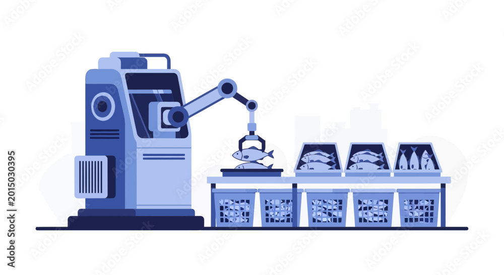 Stock-Vektorgrafik „Automated Fish Processing Line: Robotic Arm Sorting ...