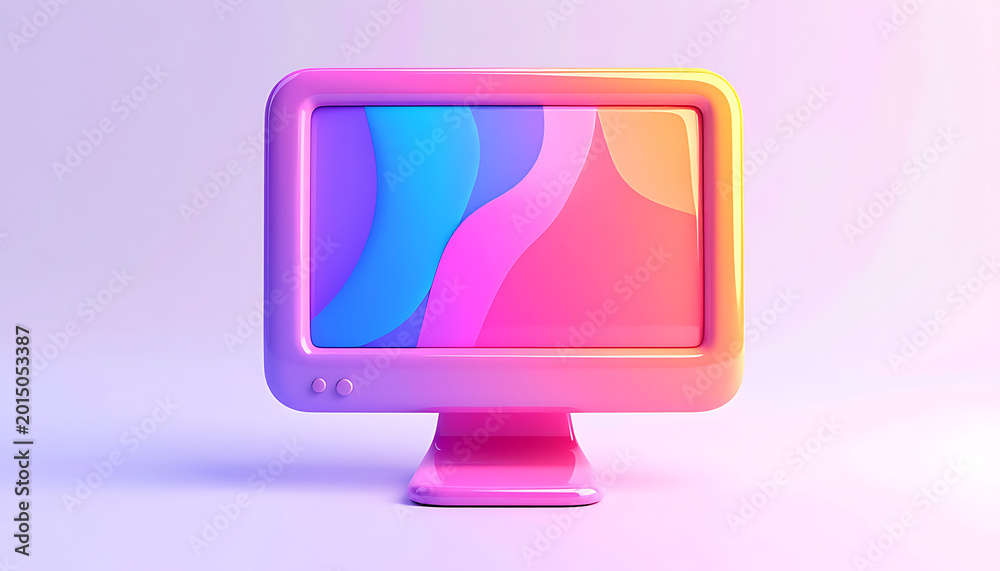 Retro computer monitor with colorful abstract waves on screen, pastel ...