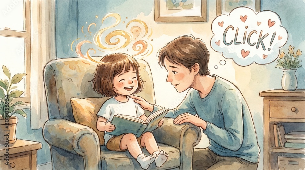 Child reading fluently for the first time with parent listening and the ...
