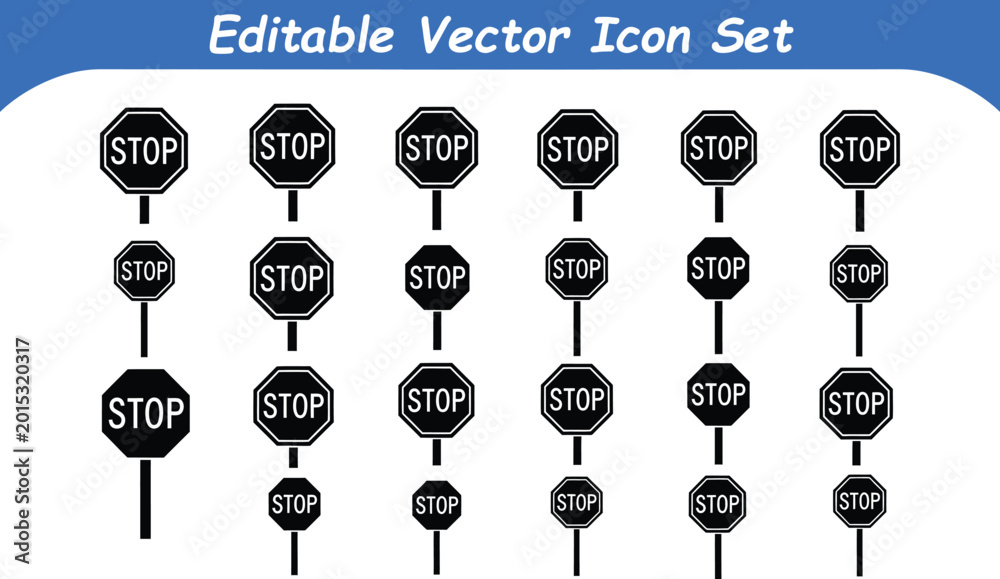 Editable vector icon set of black stop signs with different poles stop ...