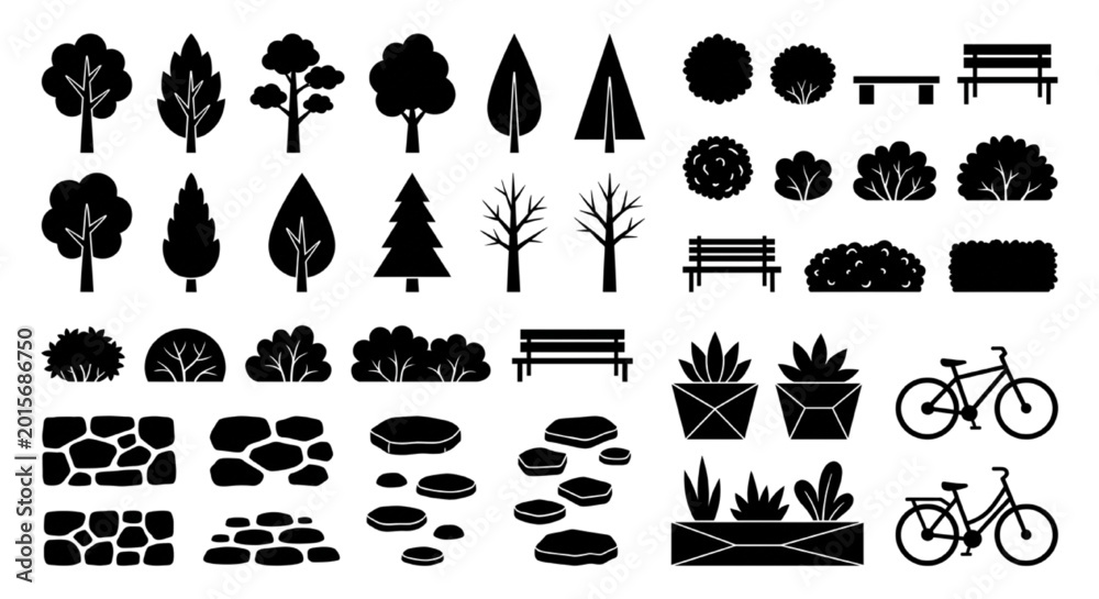 Black Silhouette Mixed Landscape CAD Block Collection — Trees, Shrubs ...