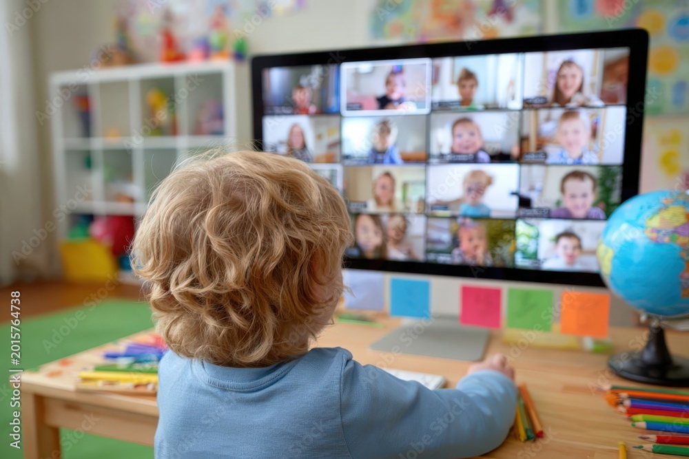 Young child with curly hair participates in online video call on ...