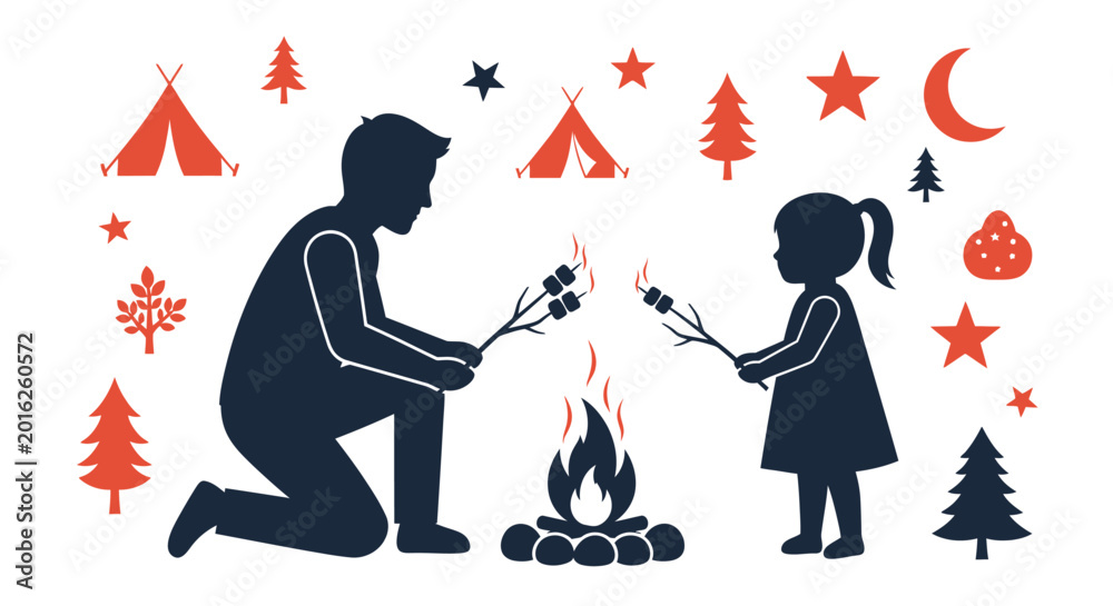 Silhouette of a father and daughter roasting marshmallows over a ...
