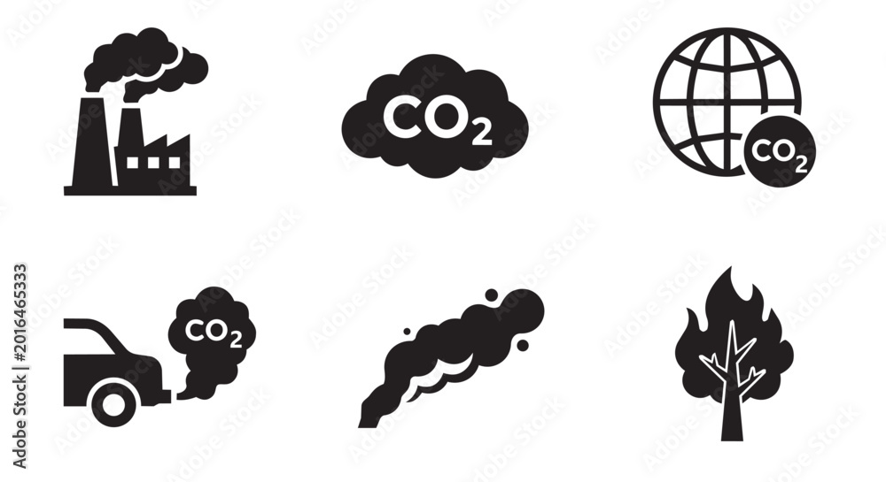 CO2 Emission and Carbon Footprint Icon Set for Climate Change and ESG ...