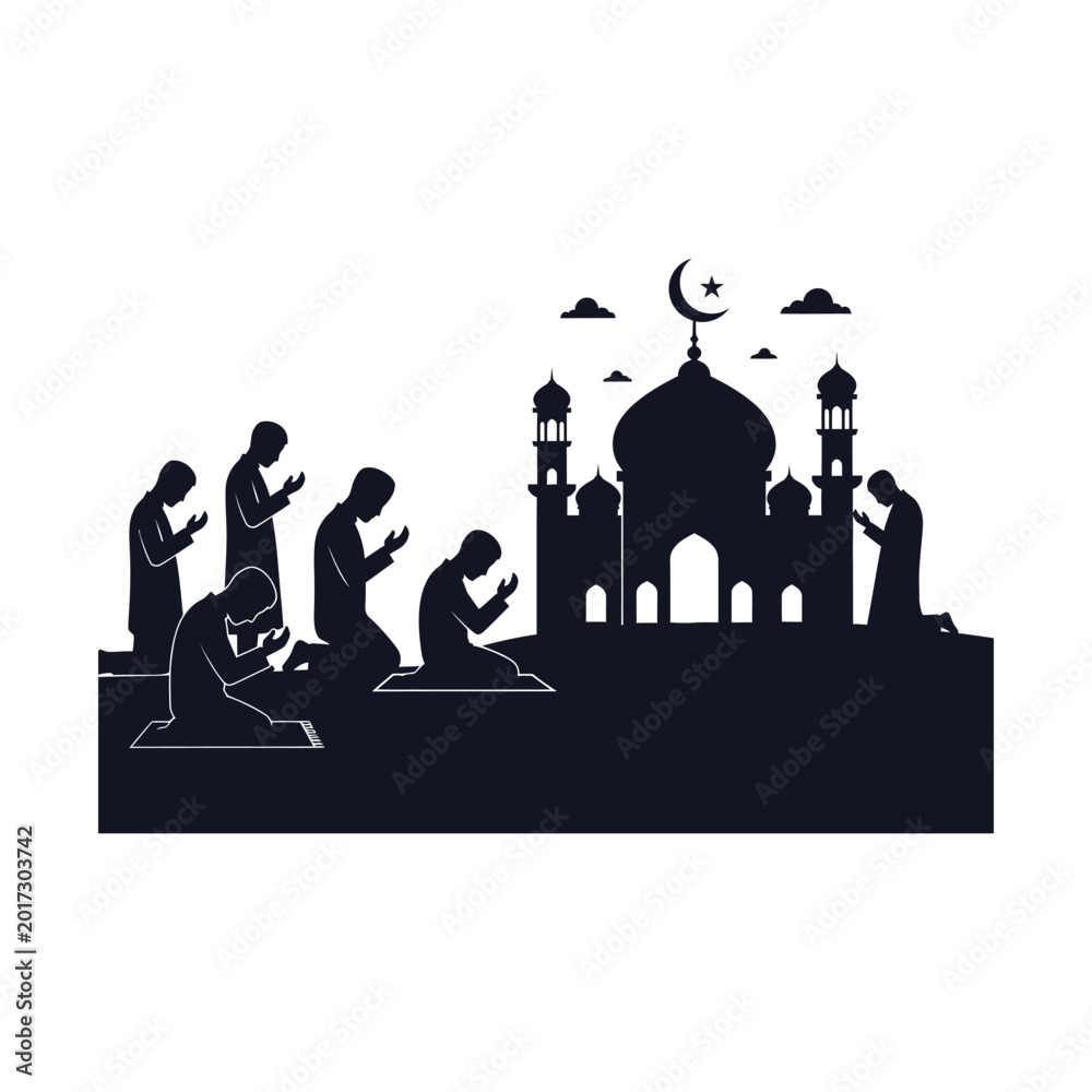 Islamic prayer silhouette vector with Muslim men praying at mosque ...