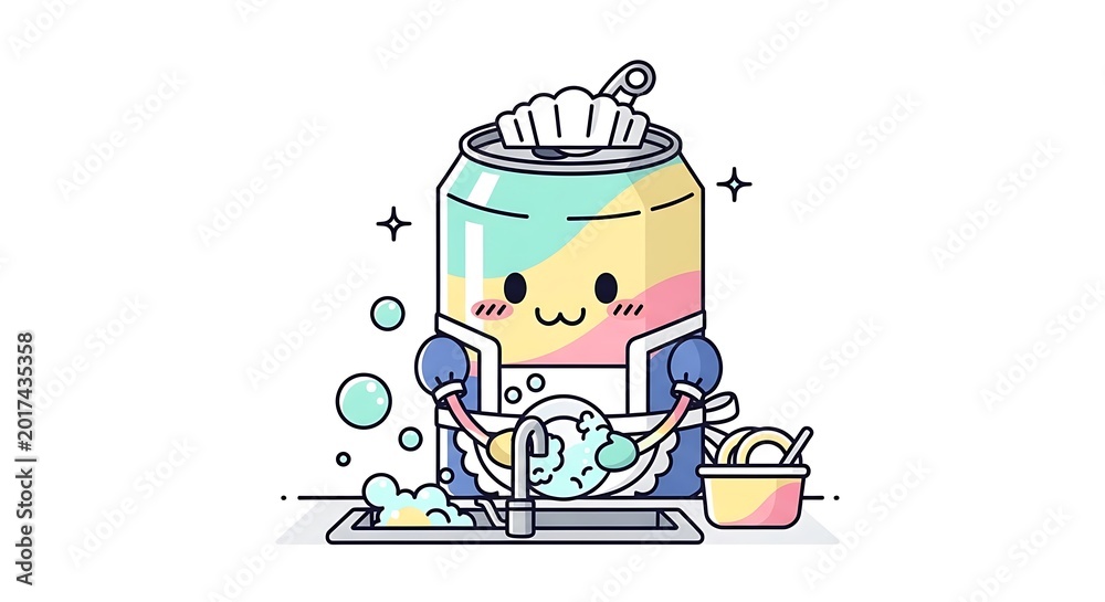 Animated can character, wearing maid attire and washing dishes in a ...