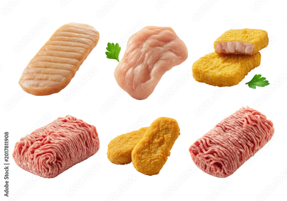 Assorted raw and breaded chicken pieces including fillets, patties ...