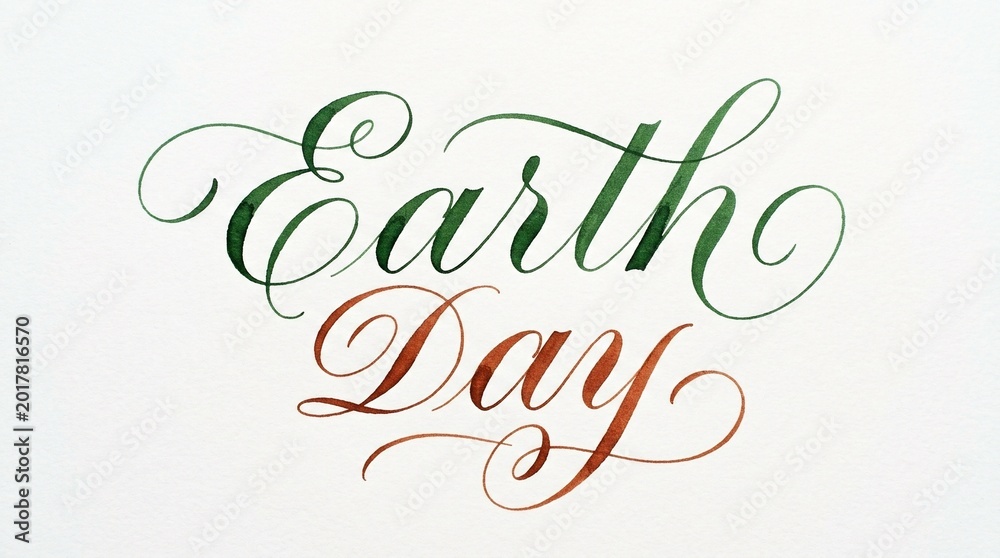 Elegant script text reading Earth Day in green and red colors on a ...