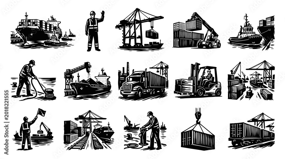 Black White Line Art Shipping and Logistics Icons: Port Operations ...
