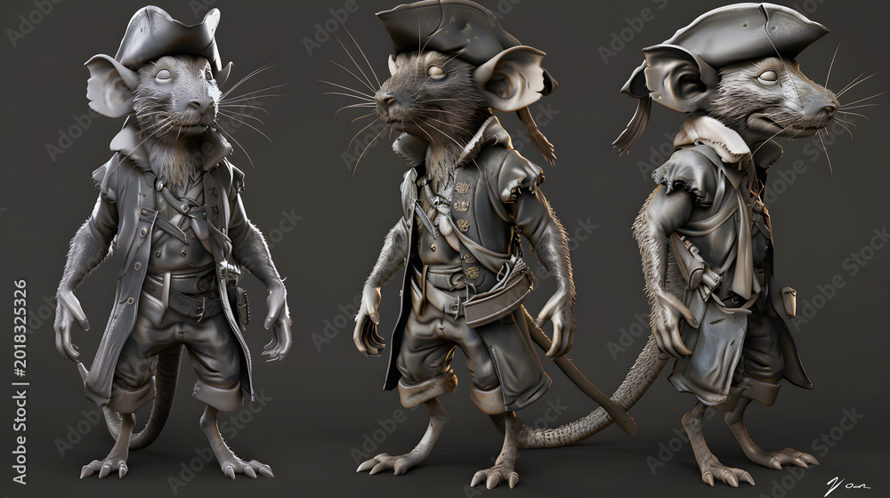 Three anthropomorphic rat characters in 18th-century military uniforms ...