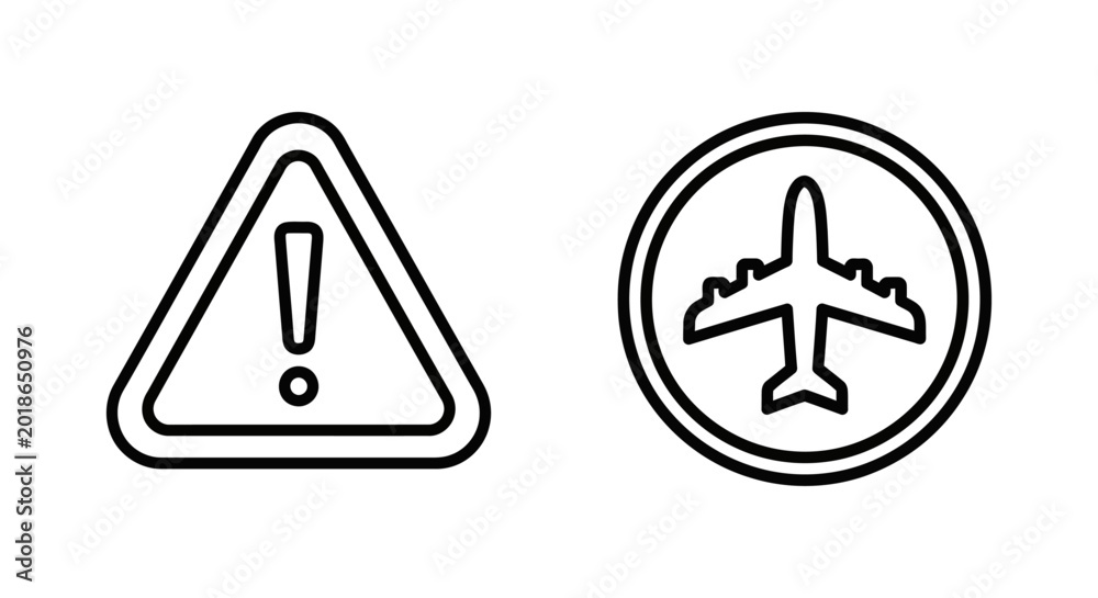 Warning triangle icon and airplane symbol in circle with check in ...