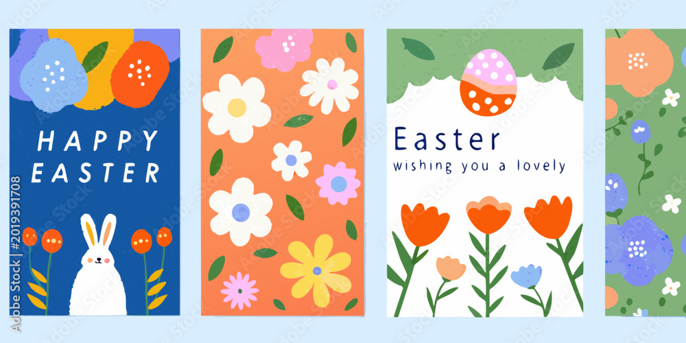Four vertical easter cards with floral designs text and pastel color ...