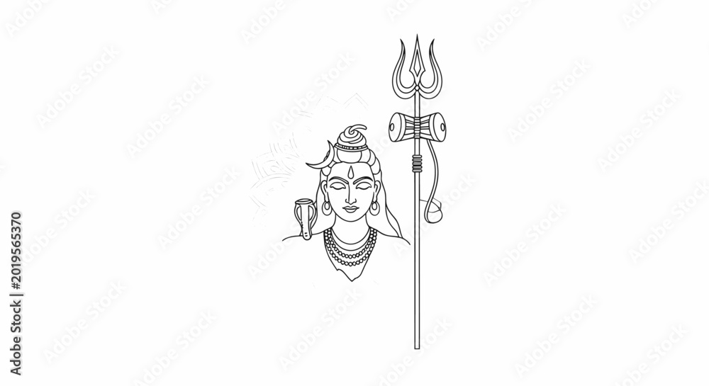 Lord Shiva line art illustration with trident and crescent moon on ...