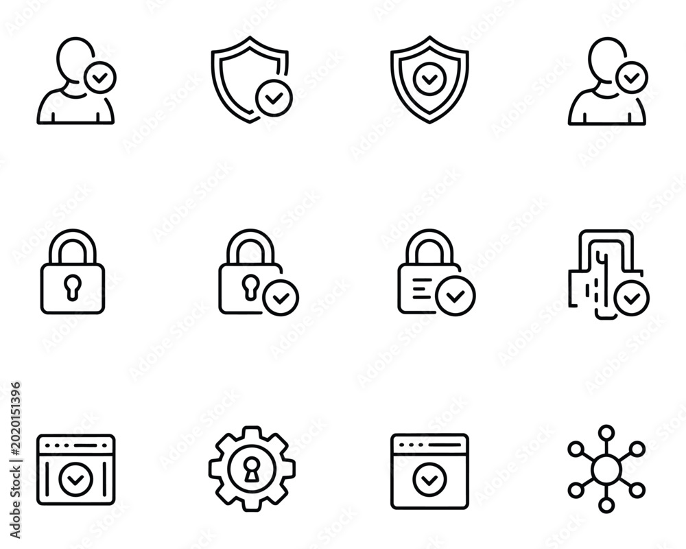 Set of user account security icons with checkmarks, including shields ...