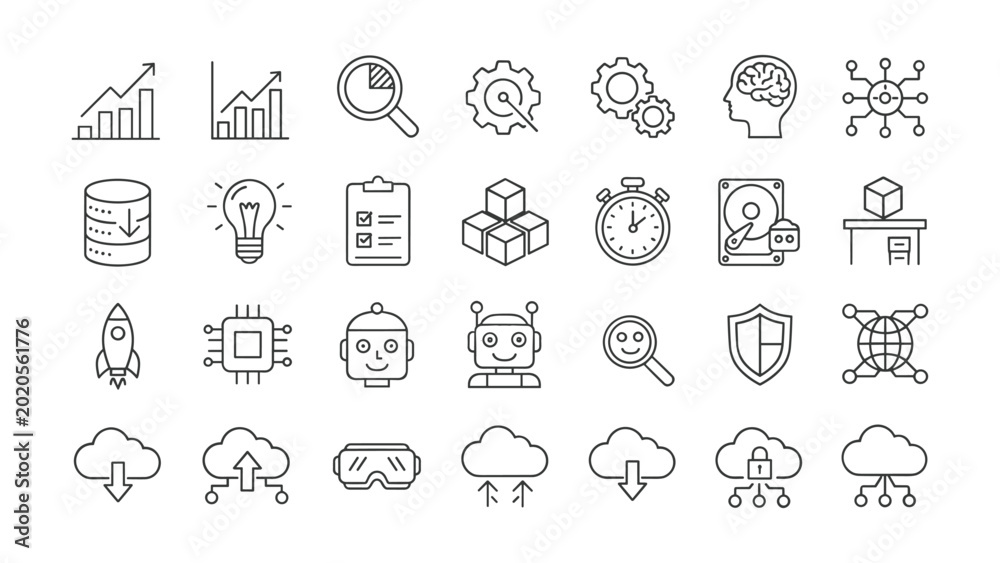 Artificial intelligence and cloud computing icons set showcasing ...